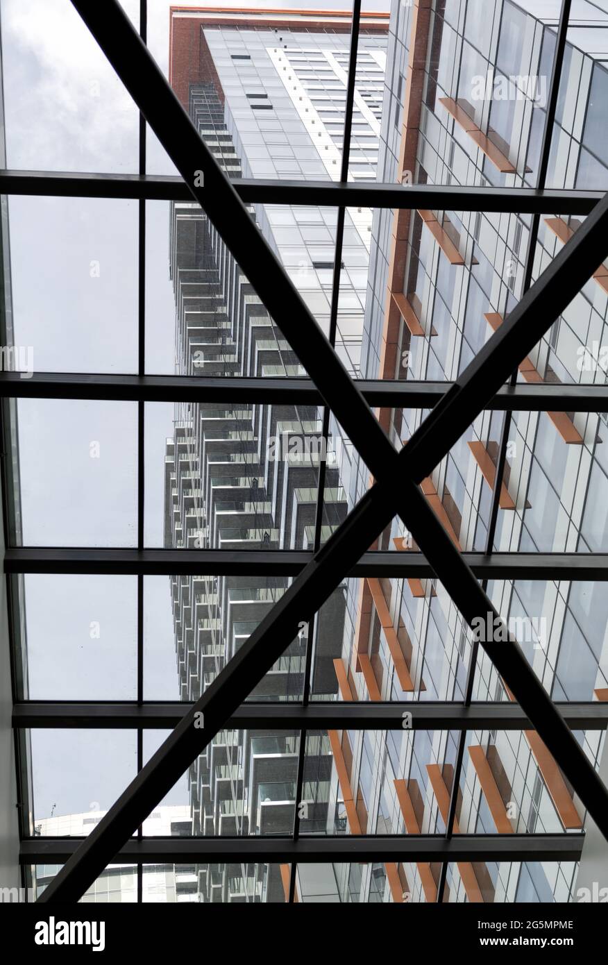 Architecture in the details. Highrise building bottom-upwards. Modern ...