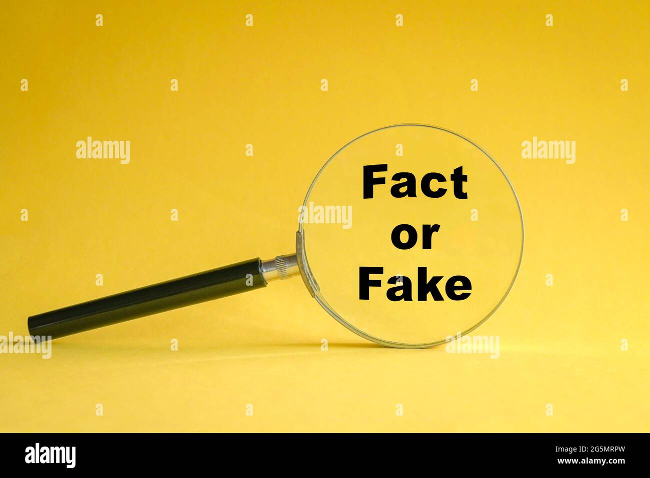 Fact or fake word through magnifying glass. On yellow background Stock ...