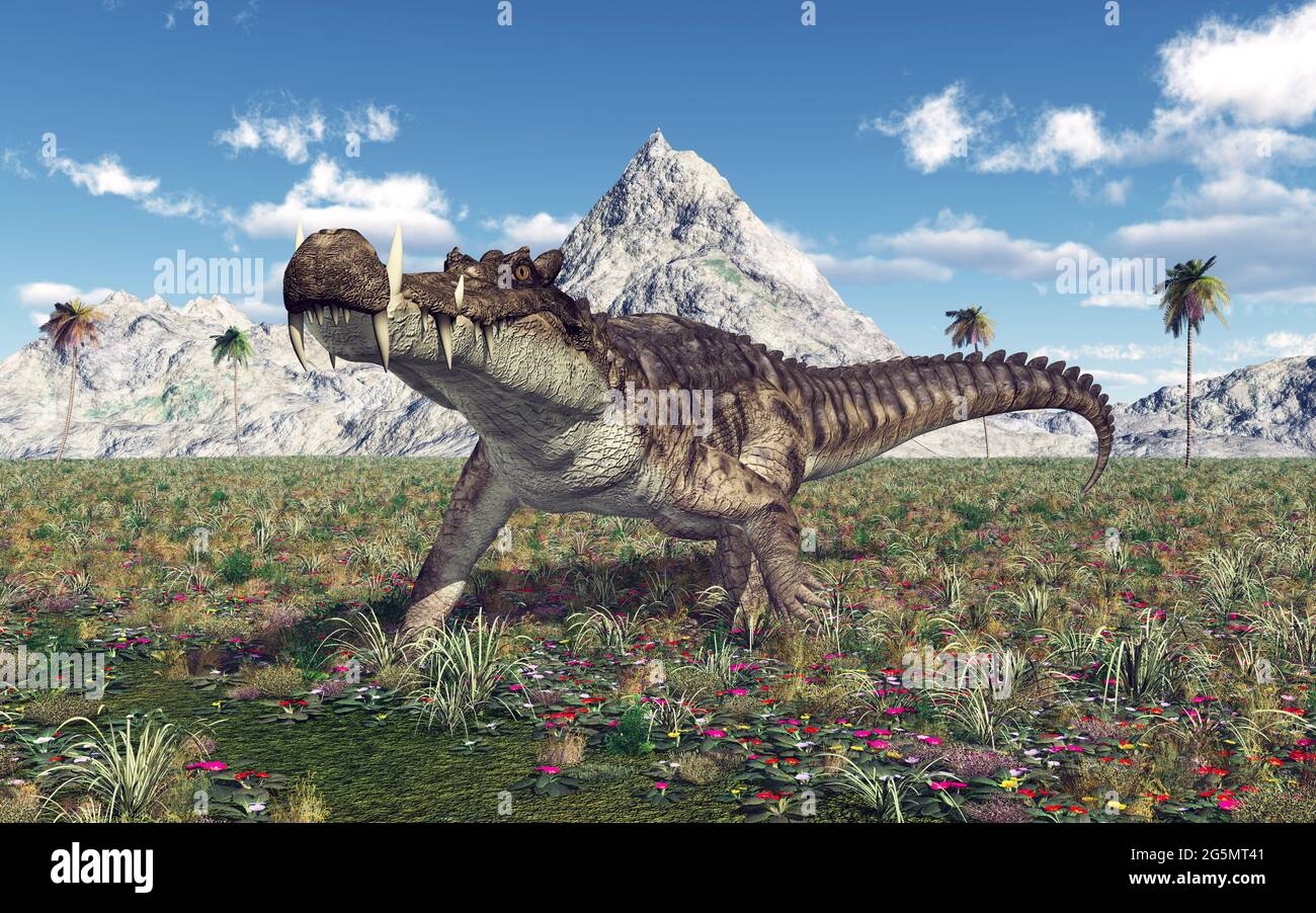Prehistoric crocodile Kaprosuchus in a landscape Stock Photo - Alamy