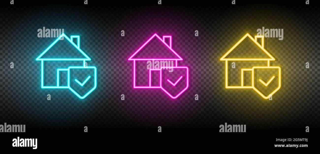Real estate vector home, security. Illustration neon blue, yellow, red ...