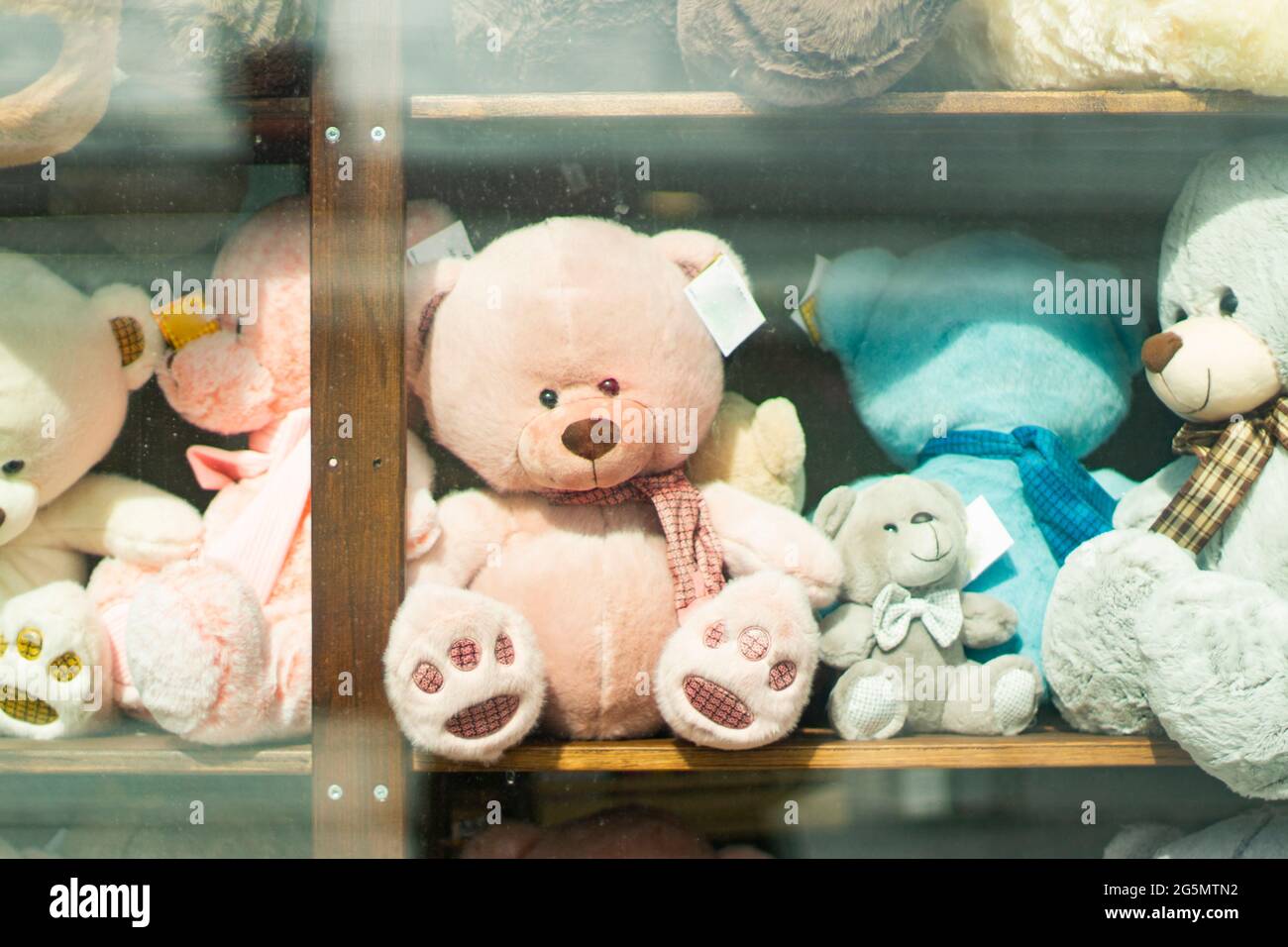 Selling soft bears. Soft toys on the counter. A plush beast with soft ...