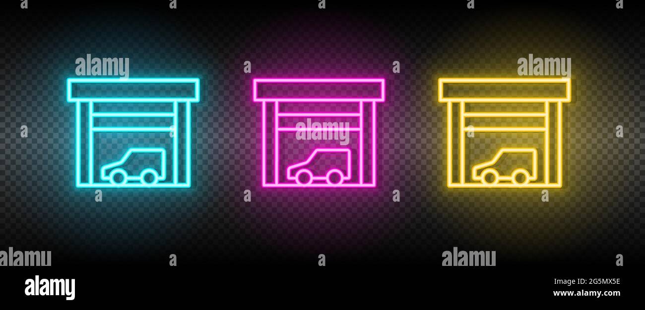 Real estate vector car, garage. Illustration neon blue, yellow, red ...