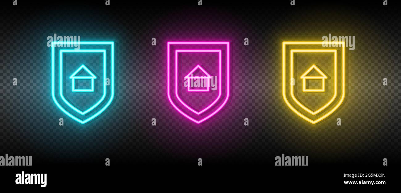 Real estate vector house, security, shield. Illustration neon blue ...
