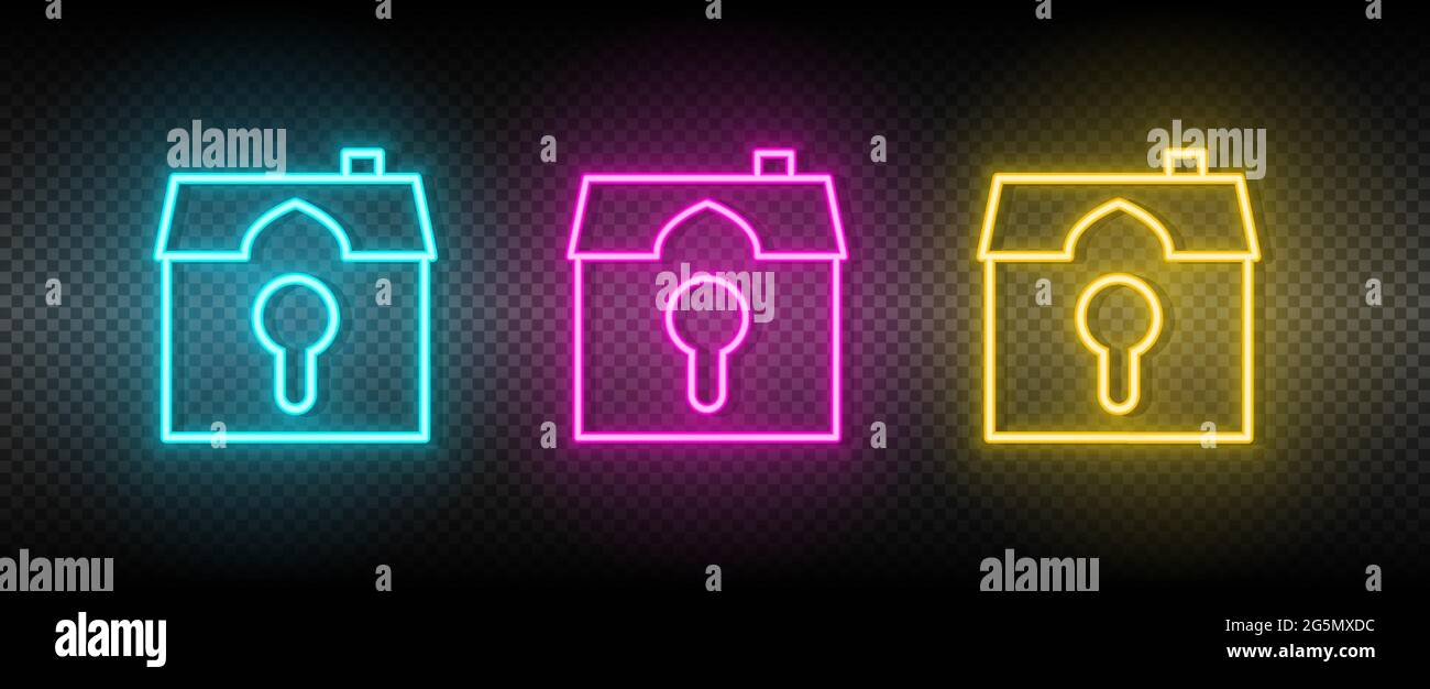 Real estate vector house, key. Illustration neon blue, yellow, red icon ...