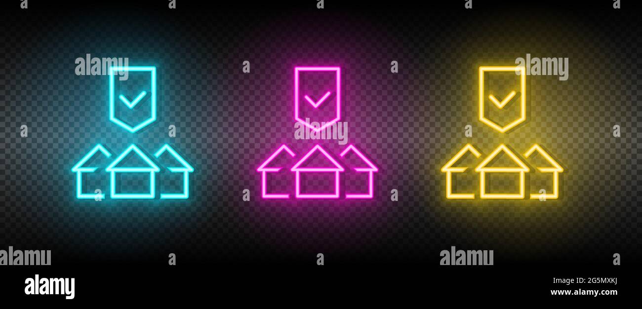 Real estate vector buy, house, property, protection. Illustration neon ...