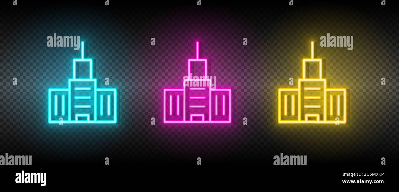 Real estate vector building, house. Illustration neon blue, yellow, red ...