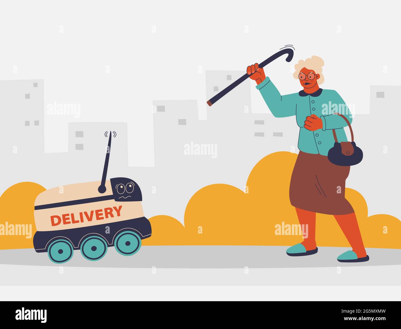 Unmanned delivery robot is afraid of an elderly woman threatening him ...