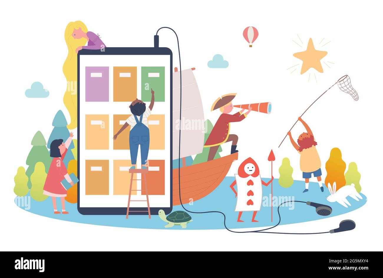 Digital book concept. Children are choosing a book on a giant cell ...