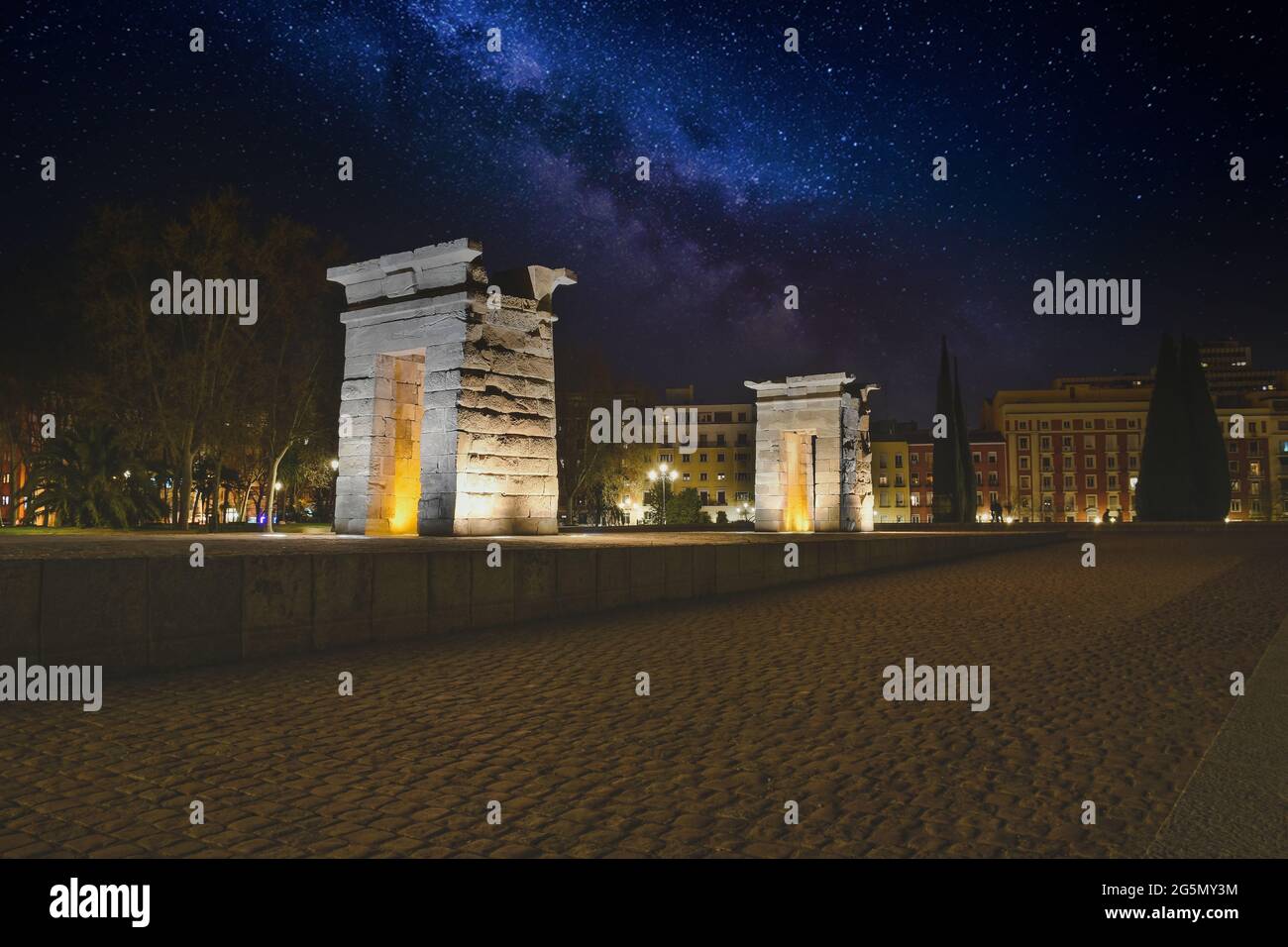 Madrid, Spain March 27, 2019. Night view of the rebuilt Temple of ...