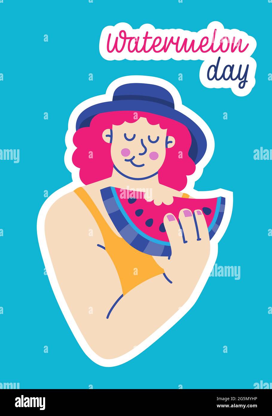 National Watermelon Day. August 3rd. Female character in hat eating ...