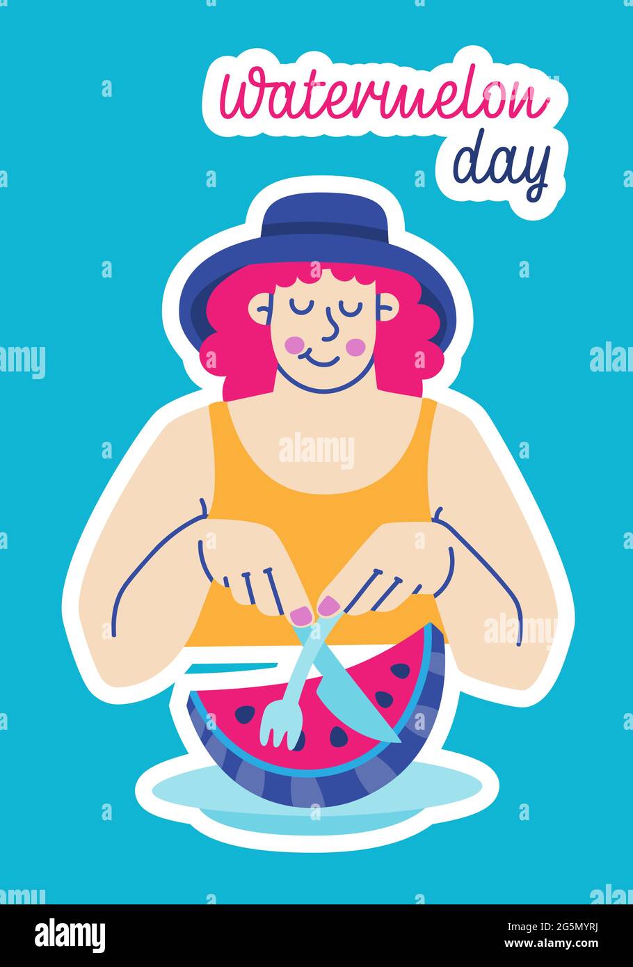 National Watermelon Day. August 3rd. Female character in hat eating ...