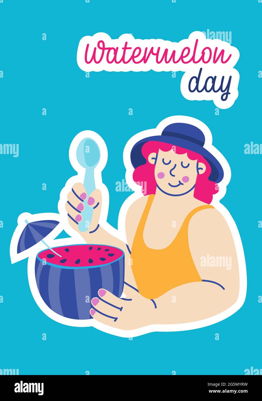 National Watermelon Day. August 3rd. Female character in hat eating ...