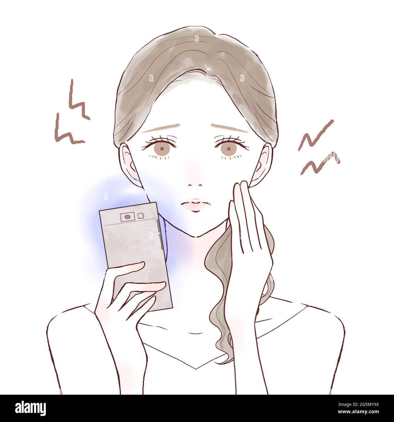 A woman suffering from eye strain and vision loss due to blue light on ...