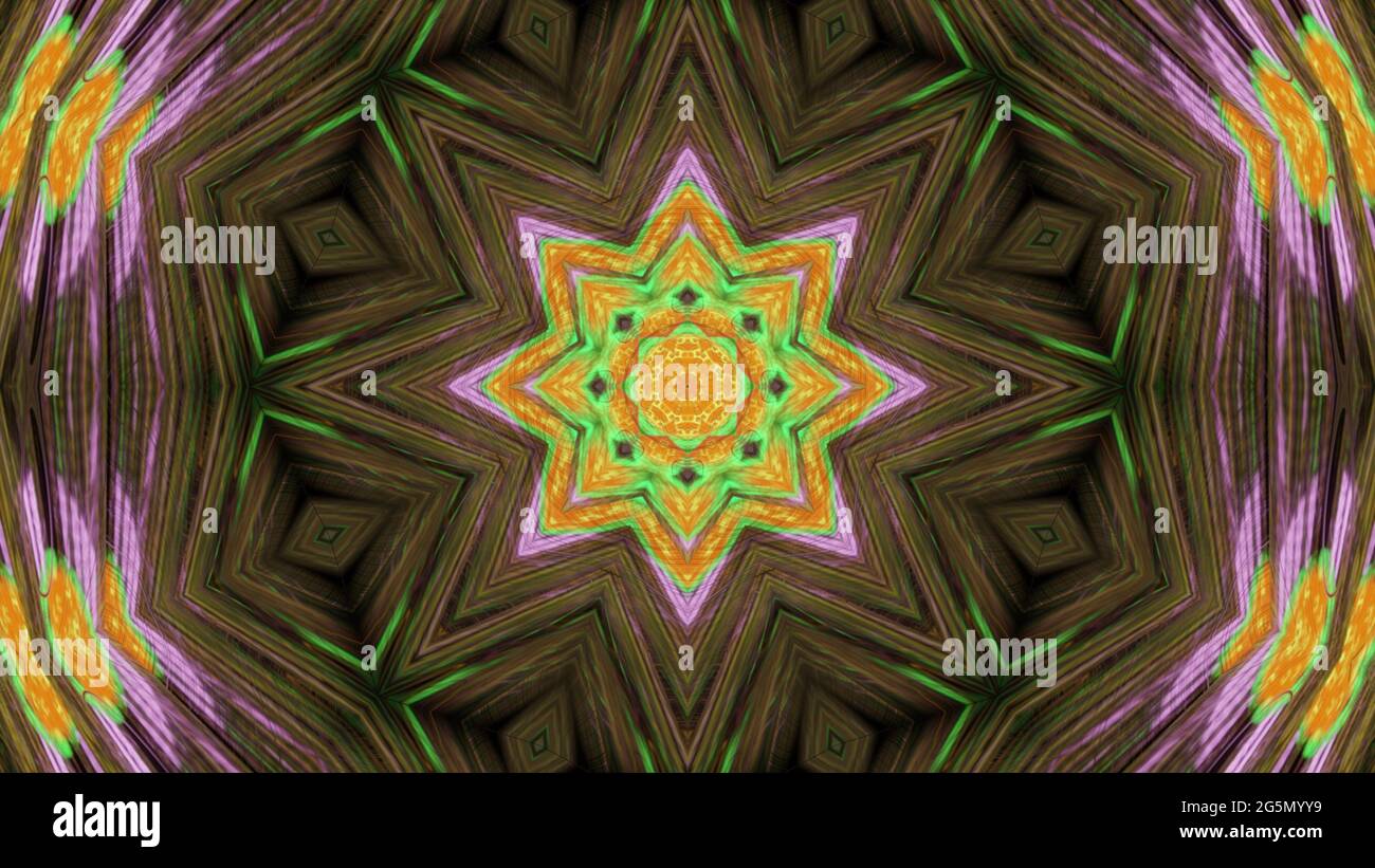 Glowing yellow seamless kaleidoscope pattern background in a 2D ...