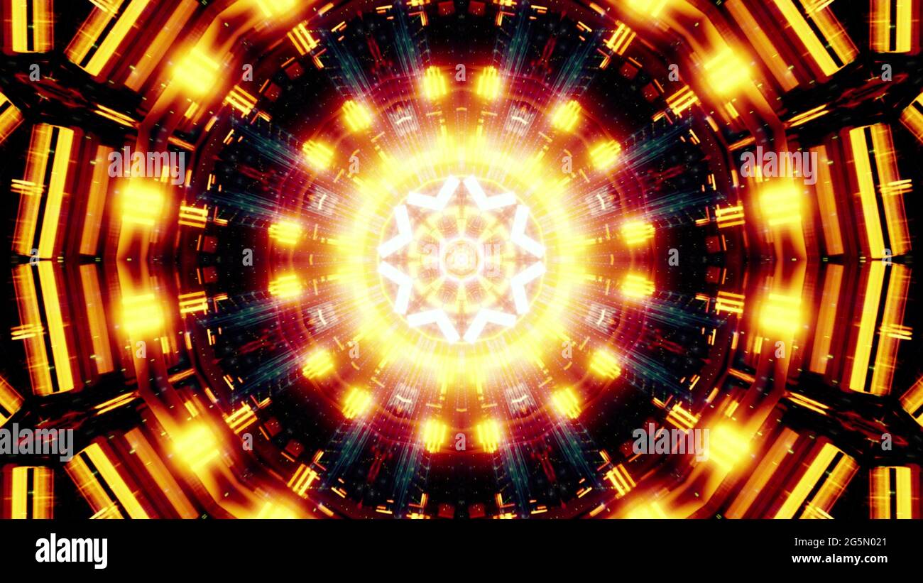 2D illustration of vibrant glowing yellow kaleidoscope patterns Stock ...