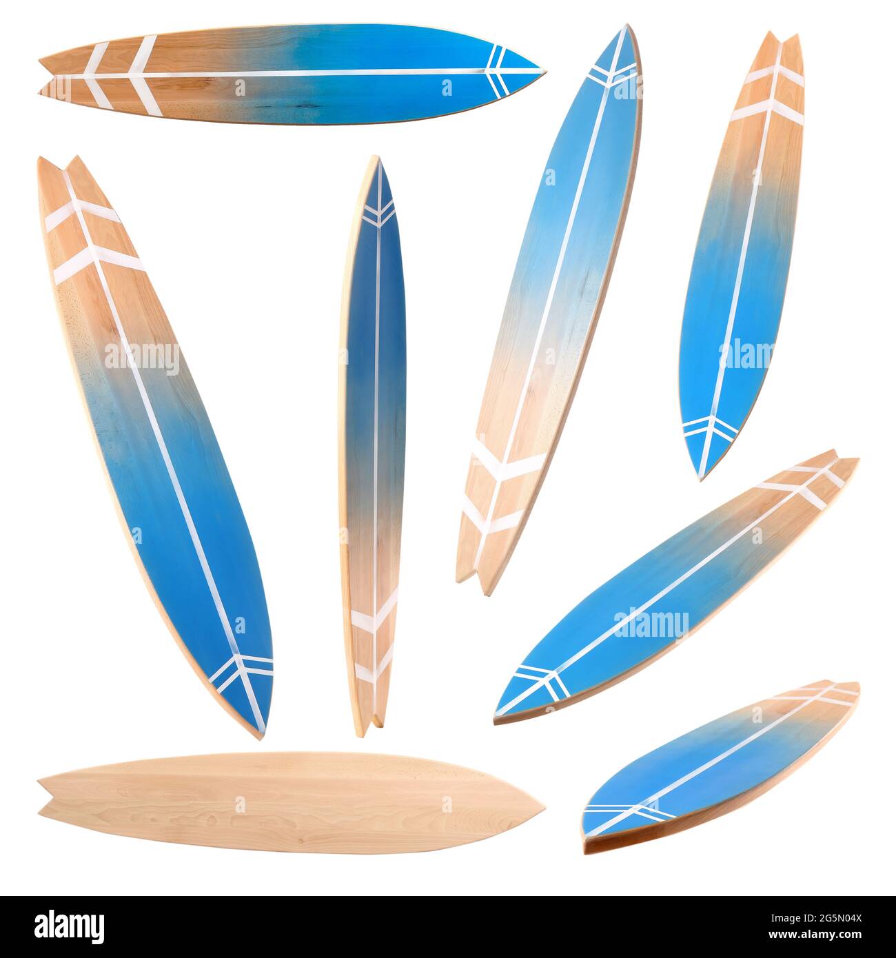Different view of wooden surfboard on white background Stock Photo - Alamy