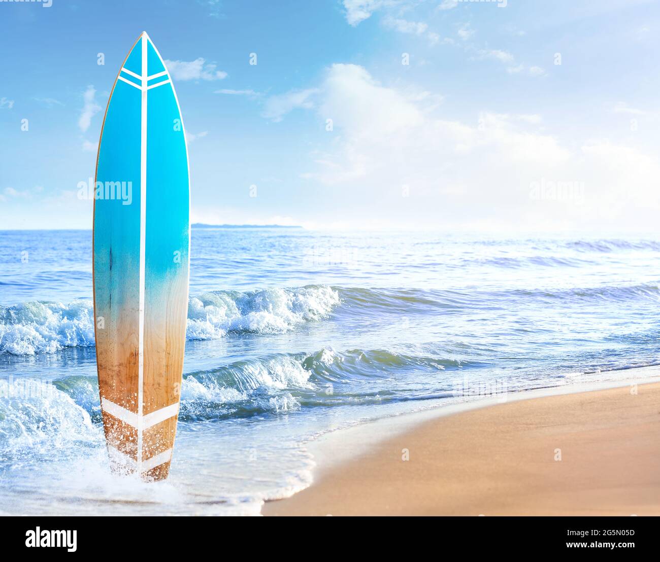 Wooden surfboard on sea beach Stock Photo - Alamy