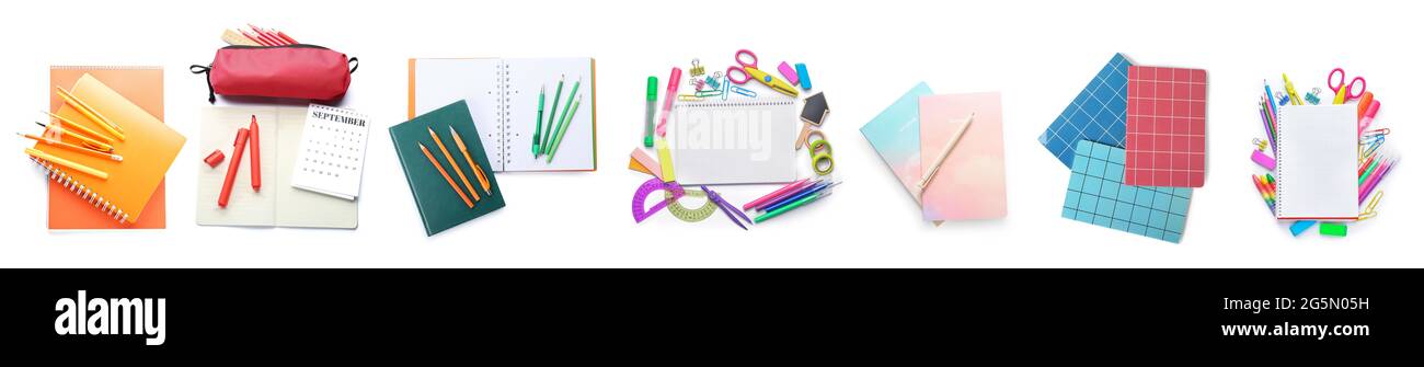 Set of stylish office supplies on white background Stock Photo - Alamy