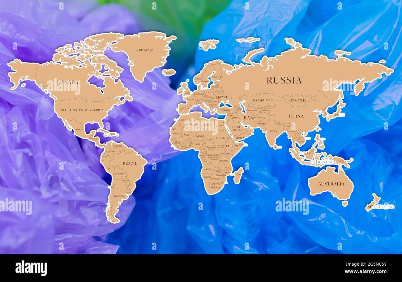 World map and heap of plastic bags. Recycling concept Stock Photo - Alamy