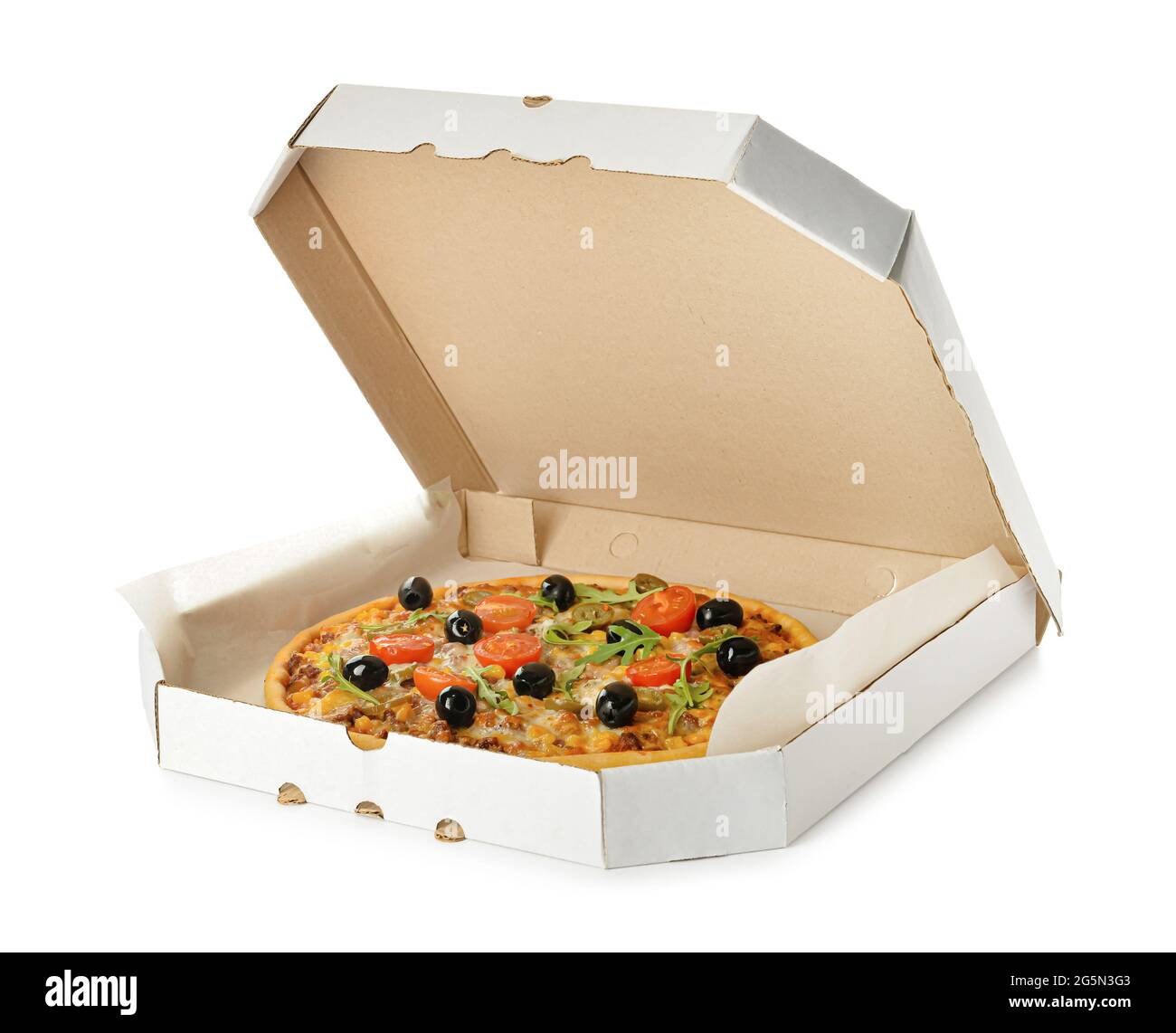 Cardboard box with tasty pizza on white background Stock Photo - Alamy