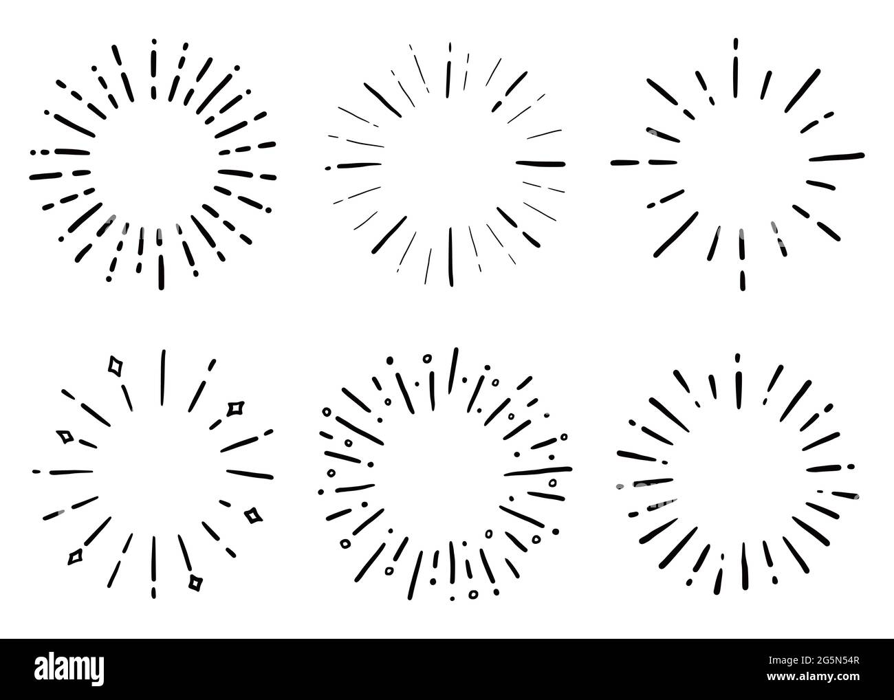 Hand drawn set of sunburst shine ray and sparkle. Doodle sketch style ...
