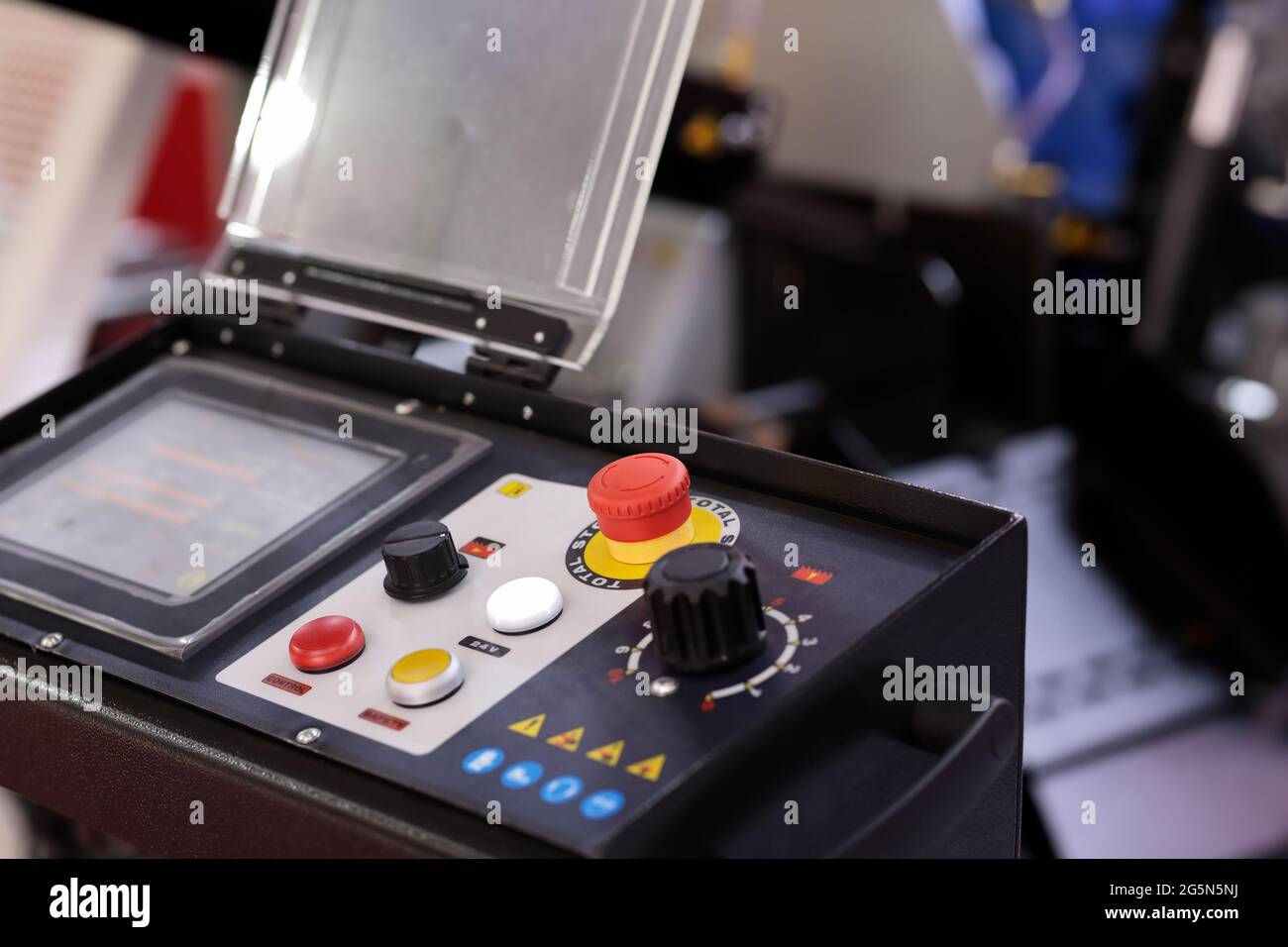 Control panel of automatic band saw machine. Selective focus Stock ...