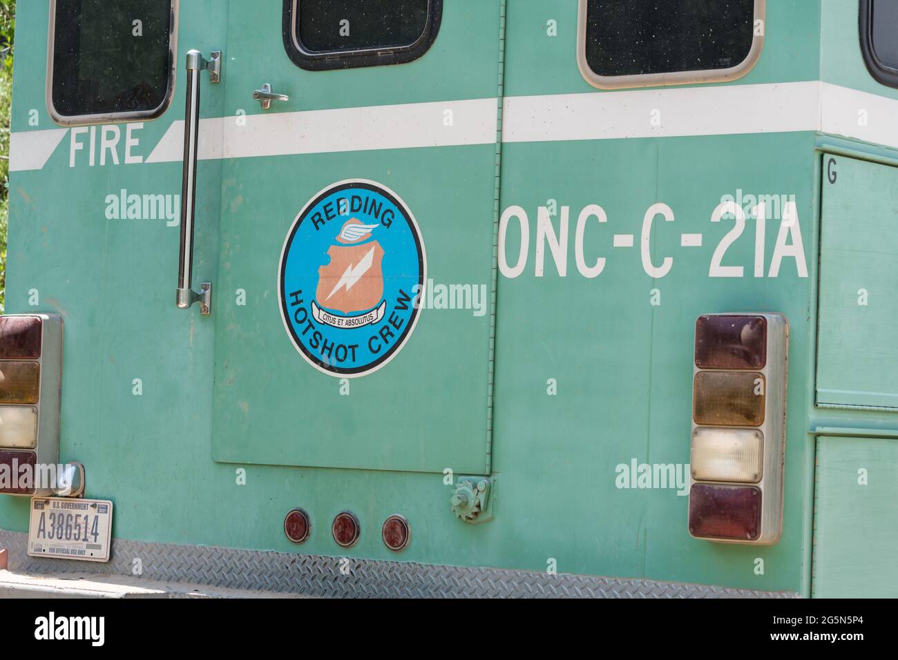 The insignia of the Redding Hotshot Crew on the rear of their crew ...
