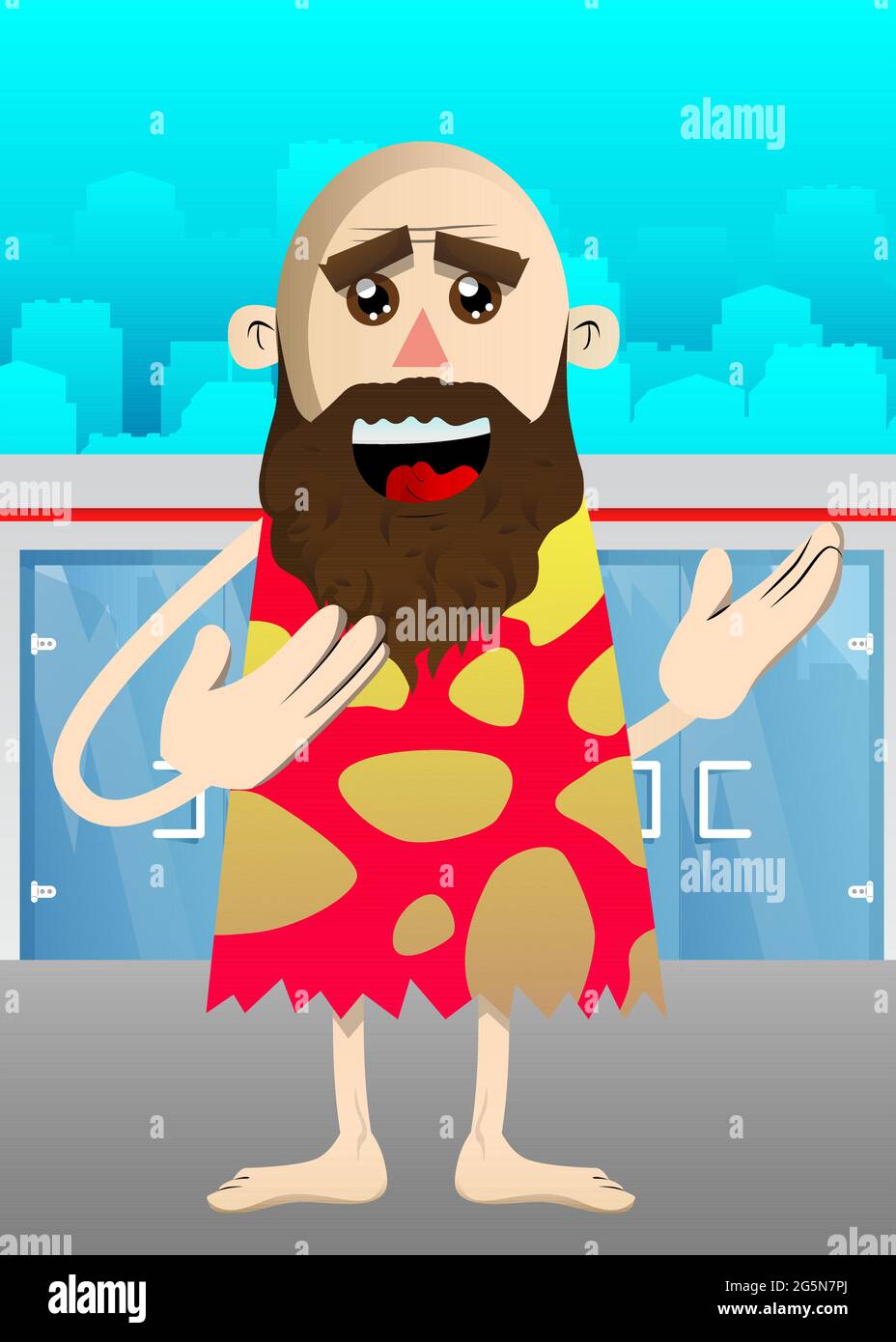 Cartoon prehistoric man showing something with both hands, powerful ...