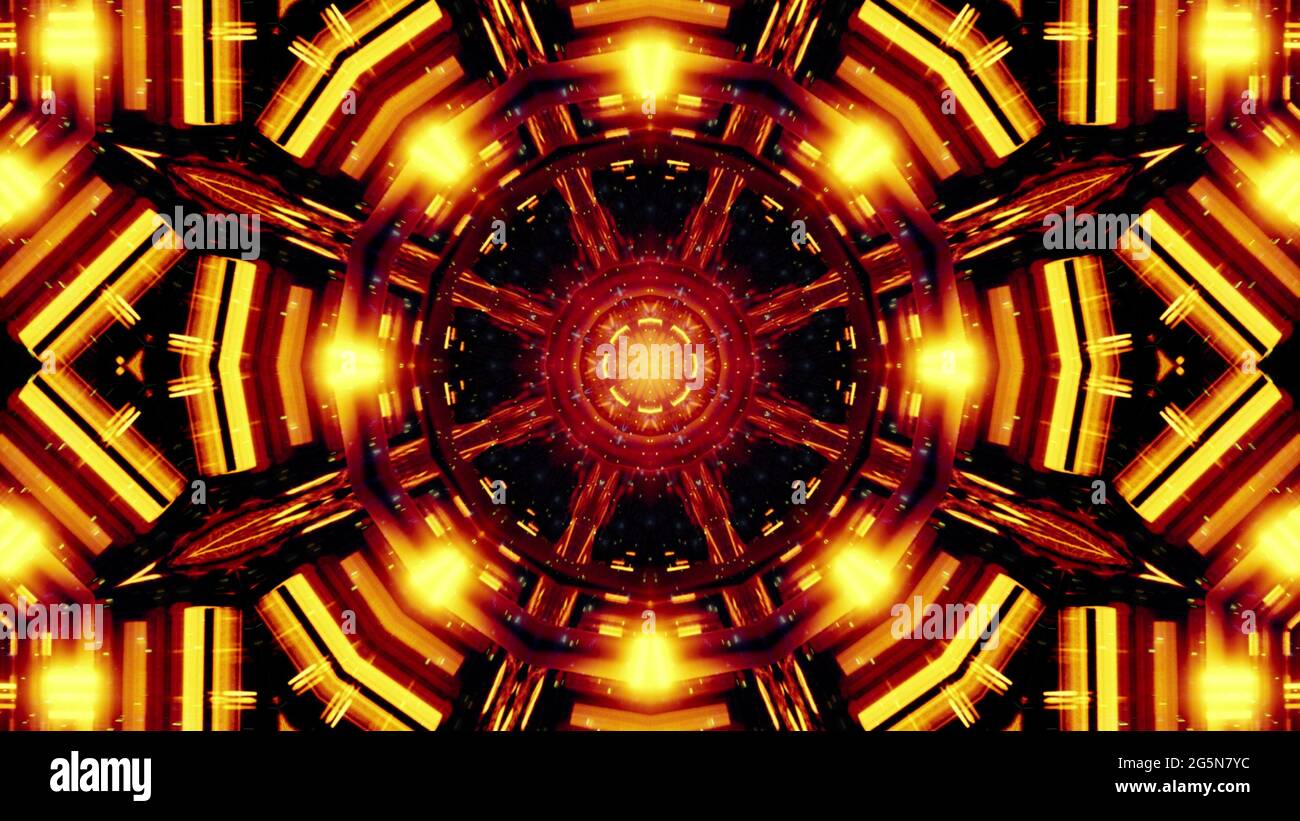 2D illustration with abstract glowing yellow kaleidoscope patterns ...