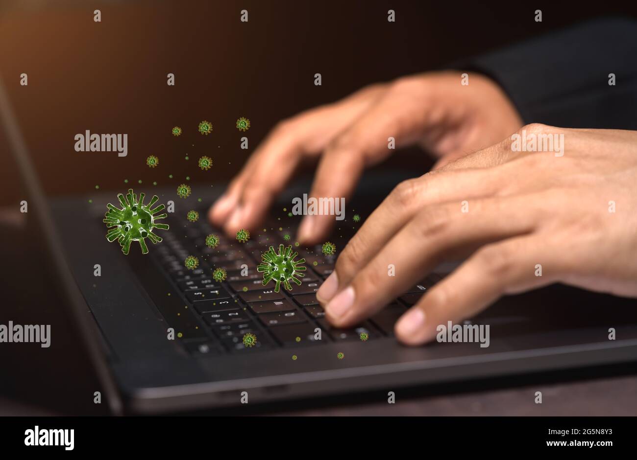 Businessman hand typing keyboard operating computer There are germs ...