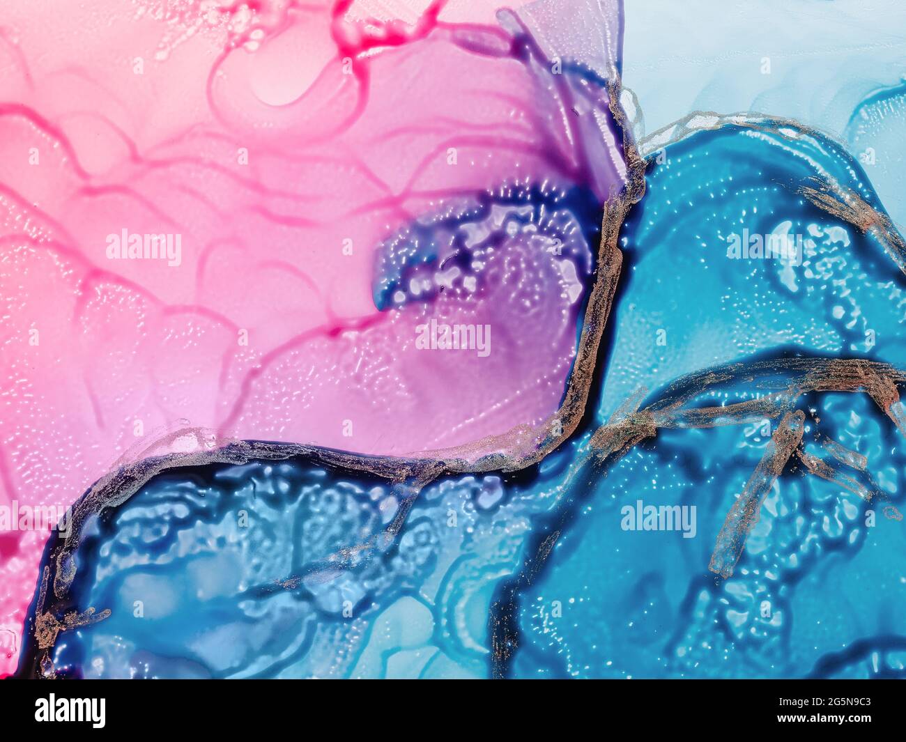 Alcohol ink fluid art. Waves in blue and pink colors with liquid golden ...