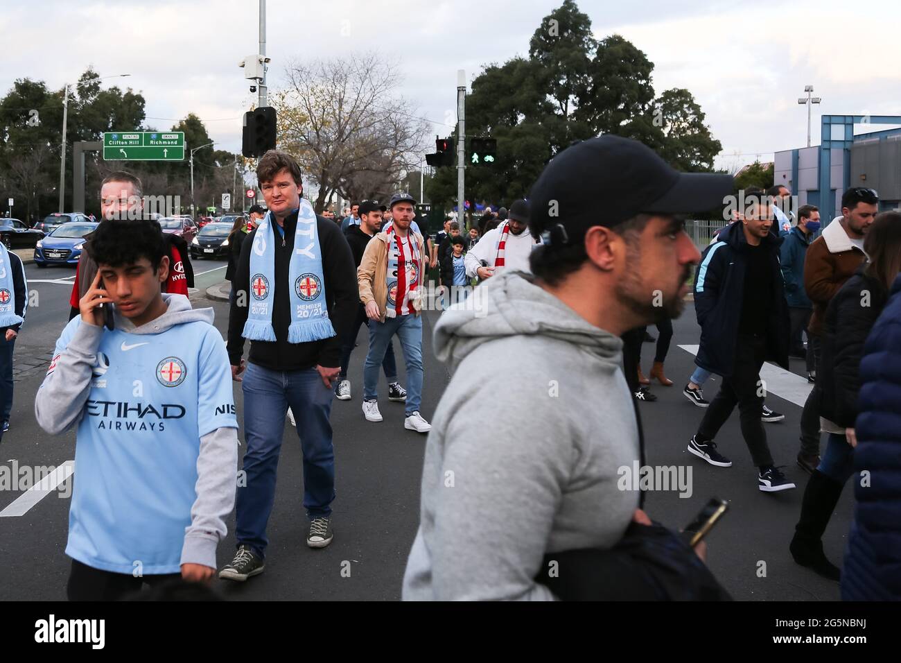 MELBOURNE, AUSTRALIA - JUNE 27: Melbourne City fans arrive at AAMI Park ...