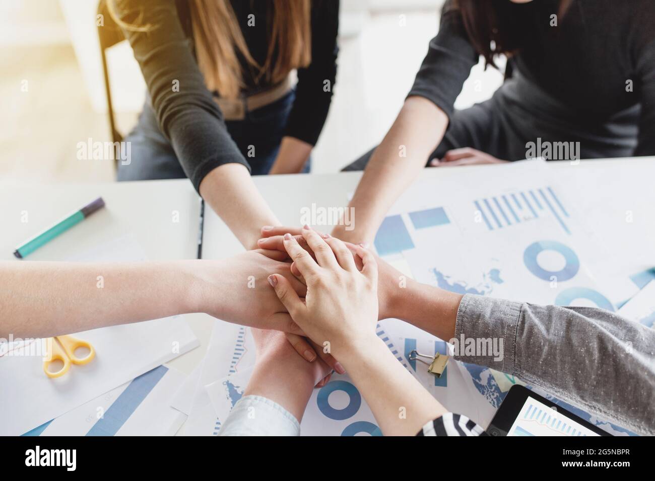Group of people doing handshake and cross hands. Friendship, agreement ...