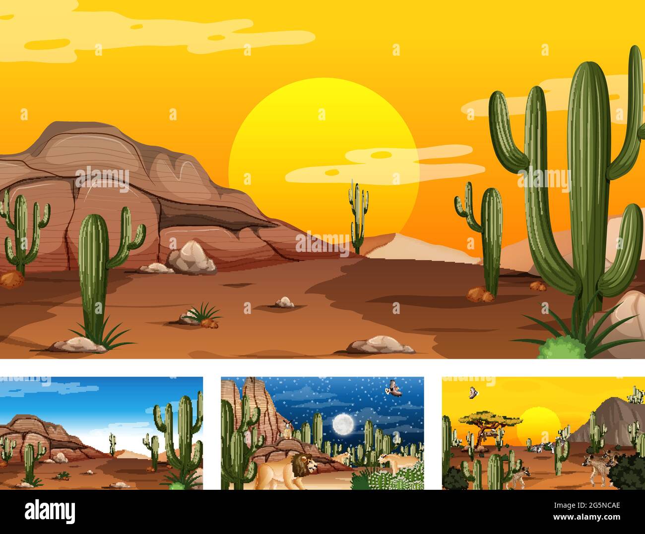 Different scenes with desert forest landscape with animals and plants ...