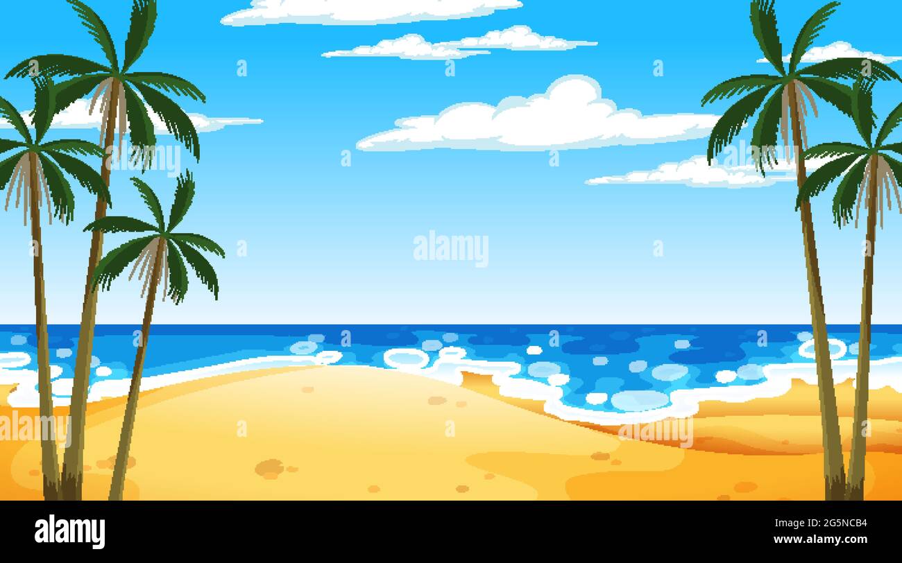 Beach at daytime landscape scene with palm tree illustration Stock ...
