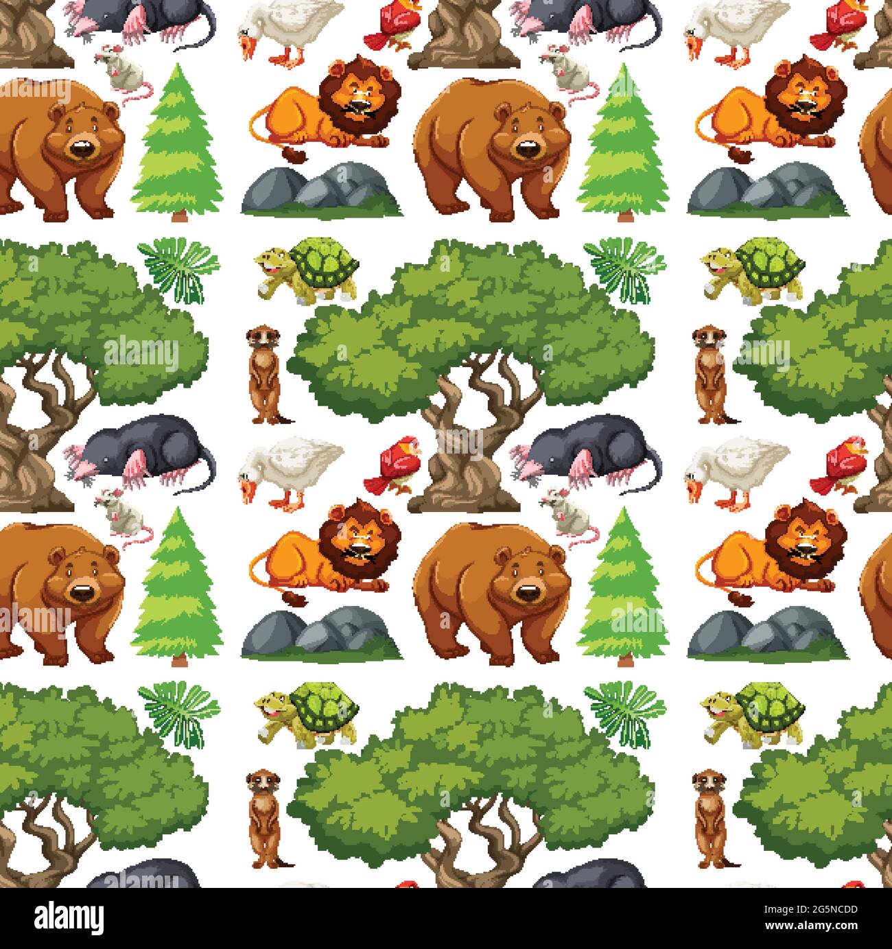 Seamless pattern with cute wild animals and nature elements ...