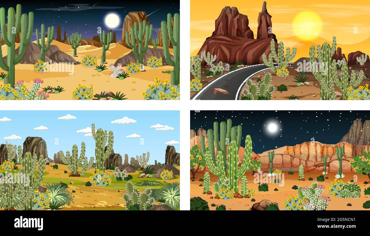 Different scenes with desert forest landscape illustration Stock Vector ...