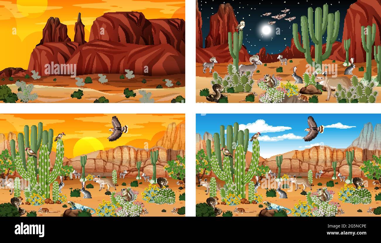 Different scenes with desert forest landscape with animals and plants ...