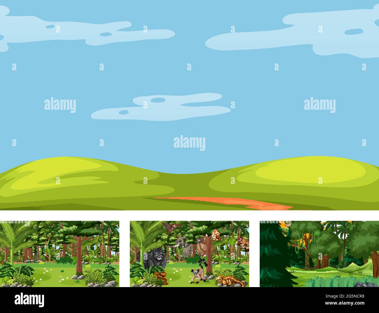 Set of different nature horizontal scene with various wild animals ...