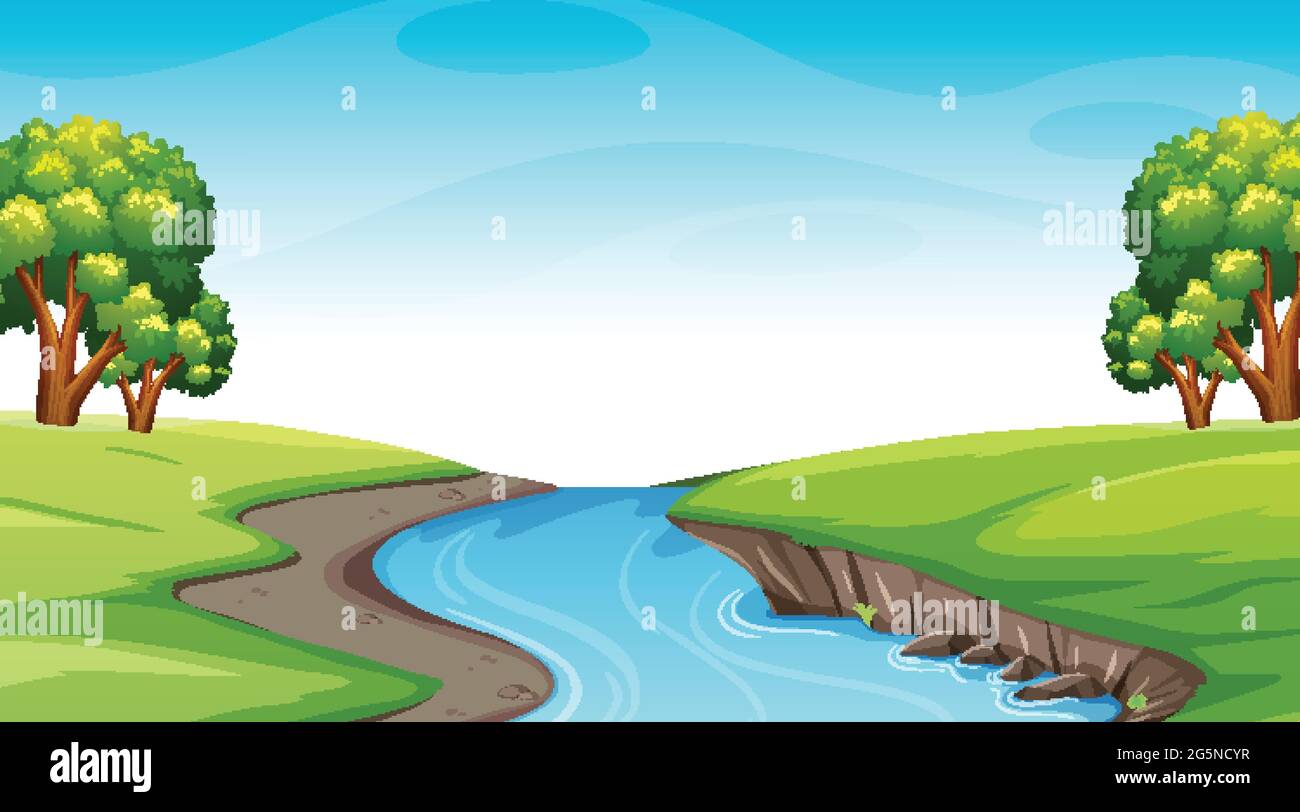 Nature forest landscape at daytime scene with long river flowing ...