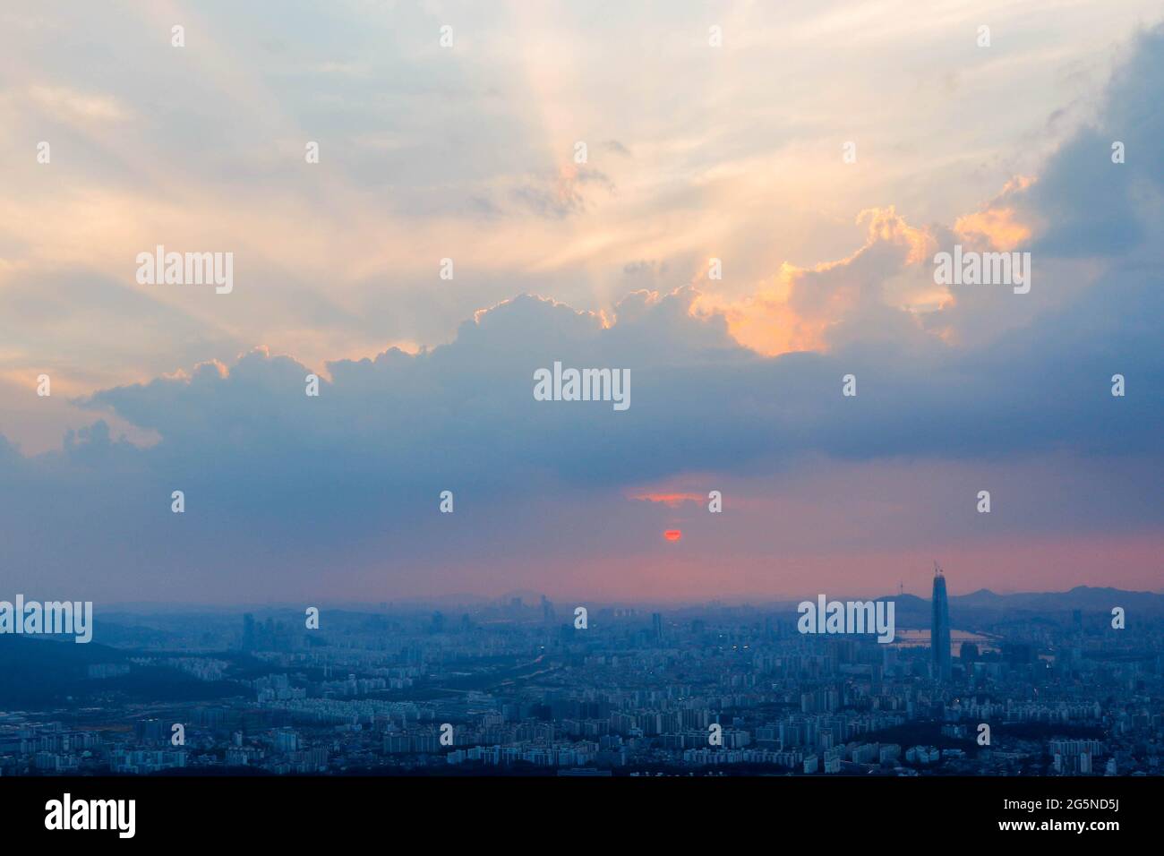 Daylight scene of Lotte World Tower, view from Namhan Sanseong castle ...