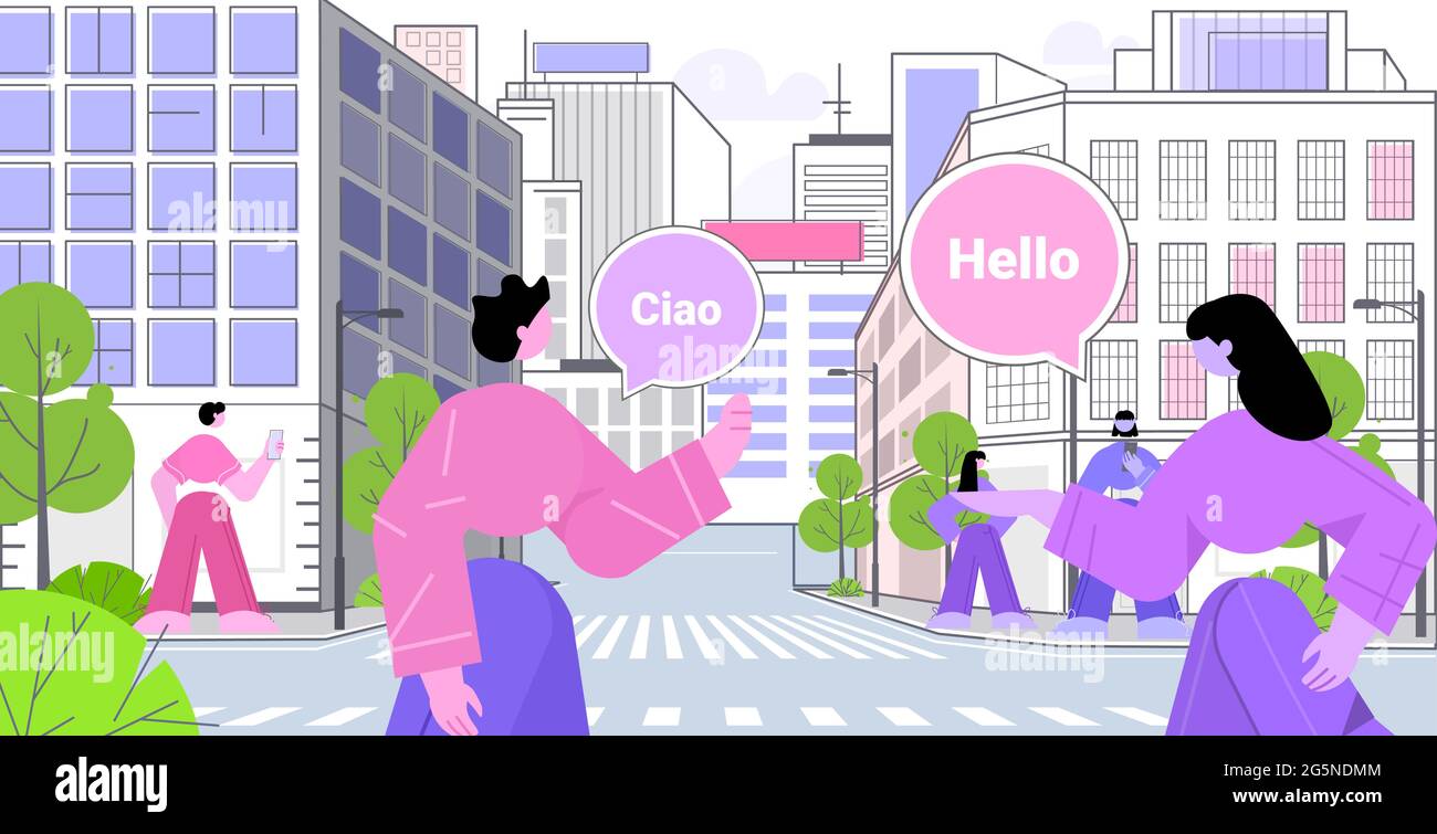 people using translation application multilingual greeting ...