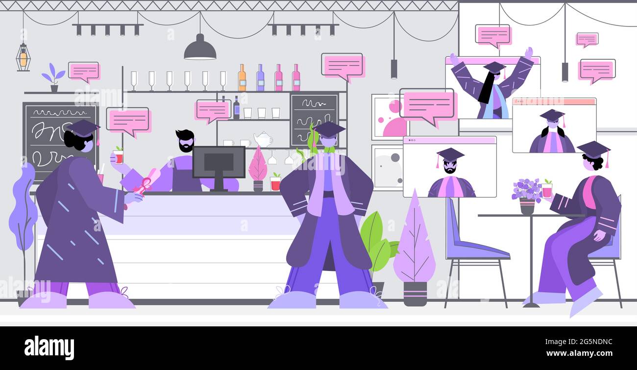 graduated students discussing during meeting in cafe graduates ...