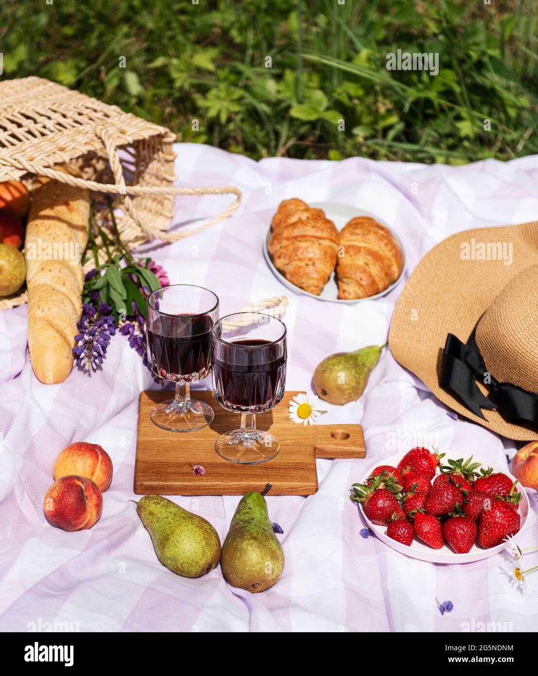 Romantic picnic scene on summer day. Outdoor picnic with wine and a ...