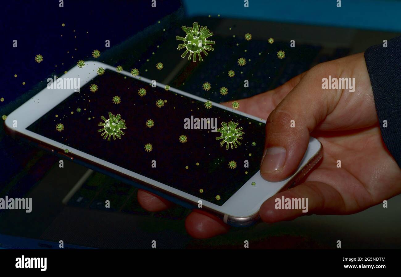 Businessman hand using a smartphone There is a corona virus Abstract ...