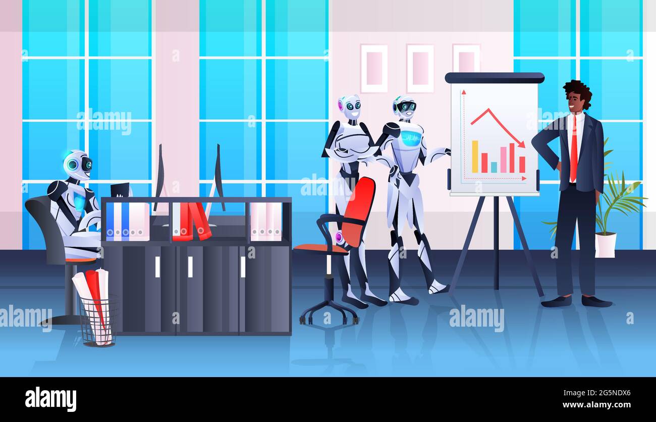 robots with african american businessman analyzing financial statistics ...