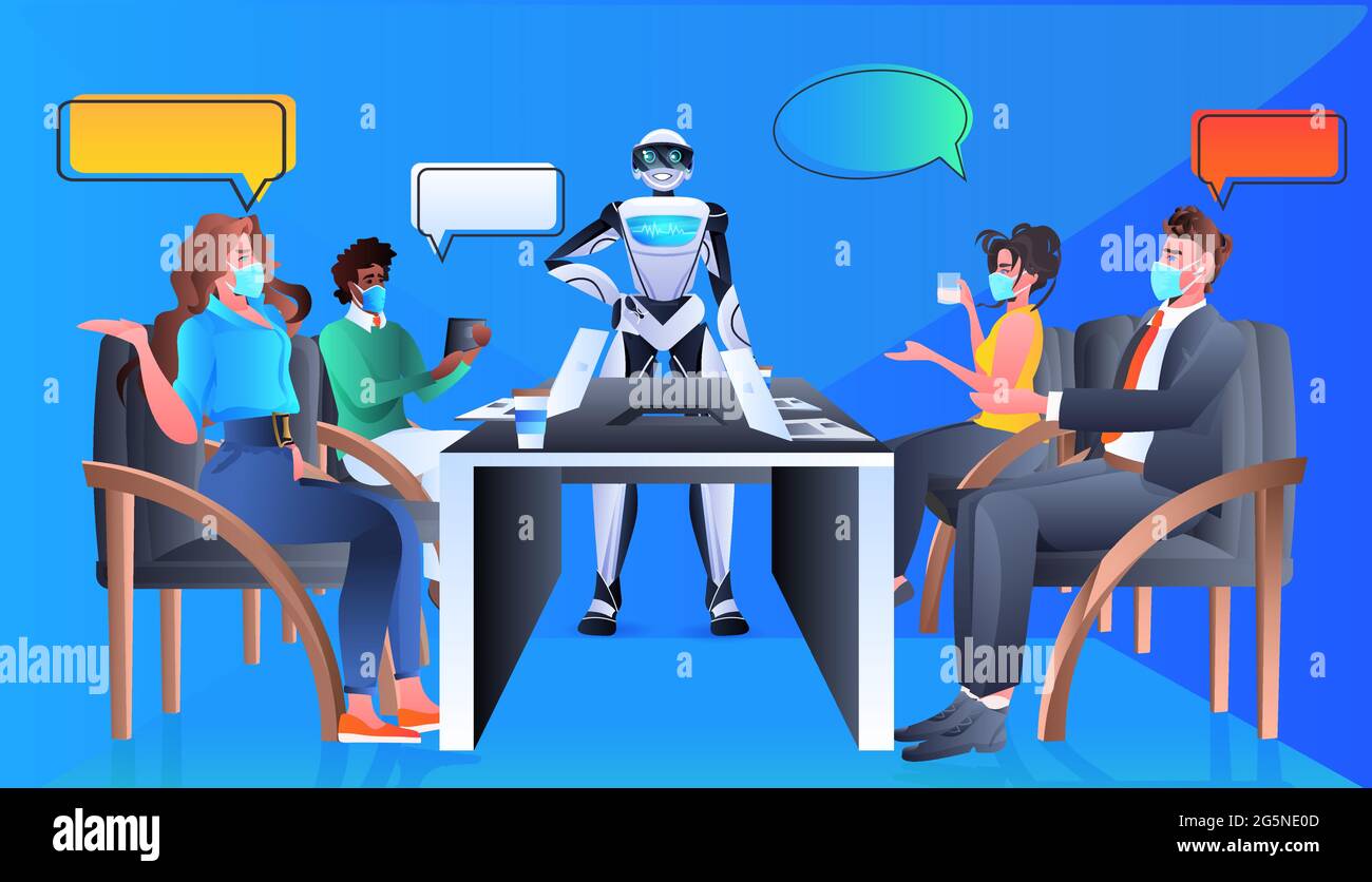 robot with mix race businesspeople in masks discussing during meeting ...