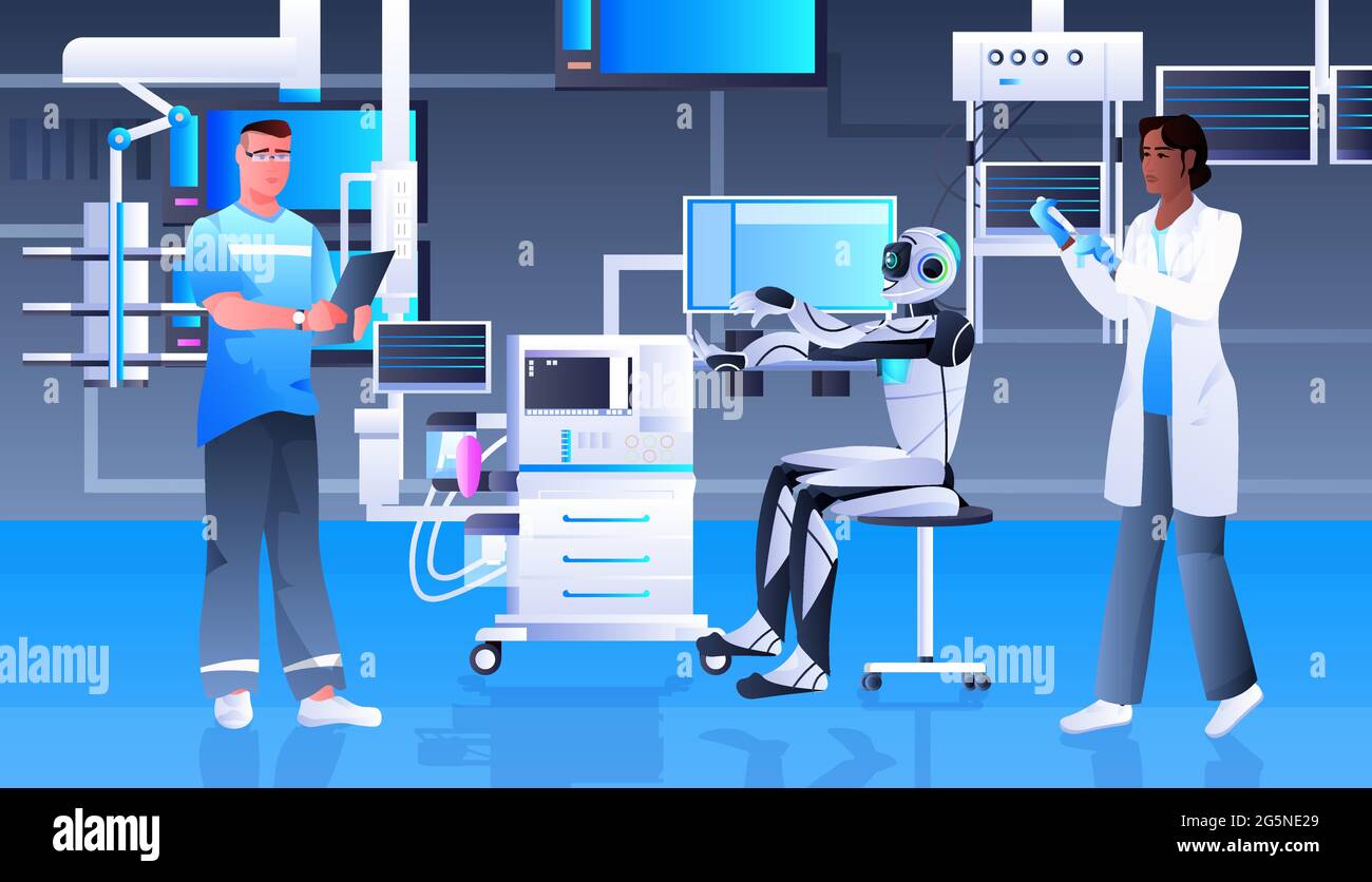 robot with mix race scientists making experiments in lab artificial ...