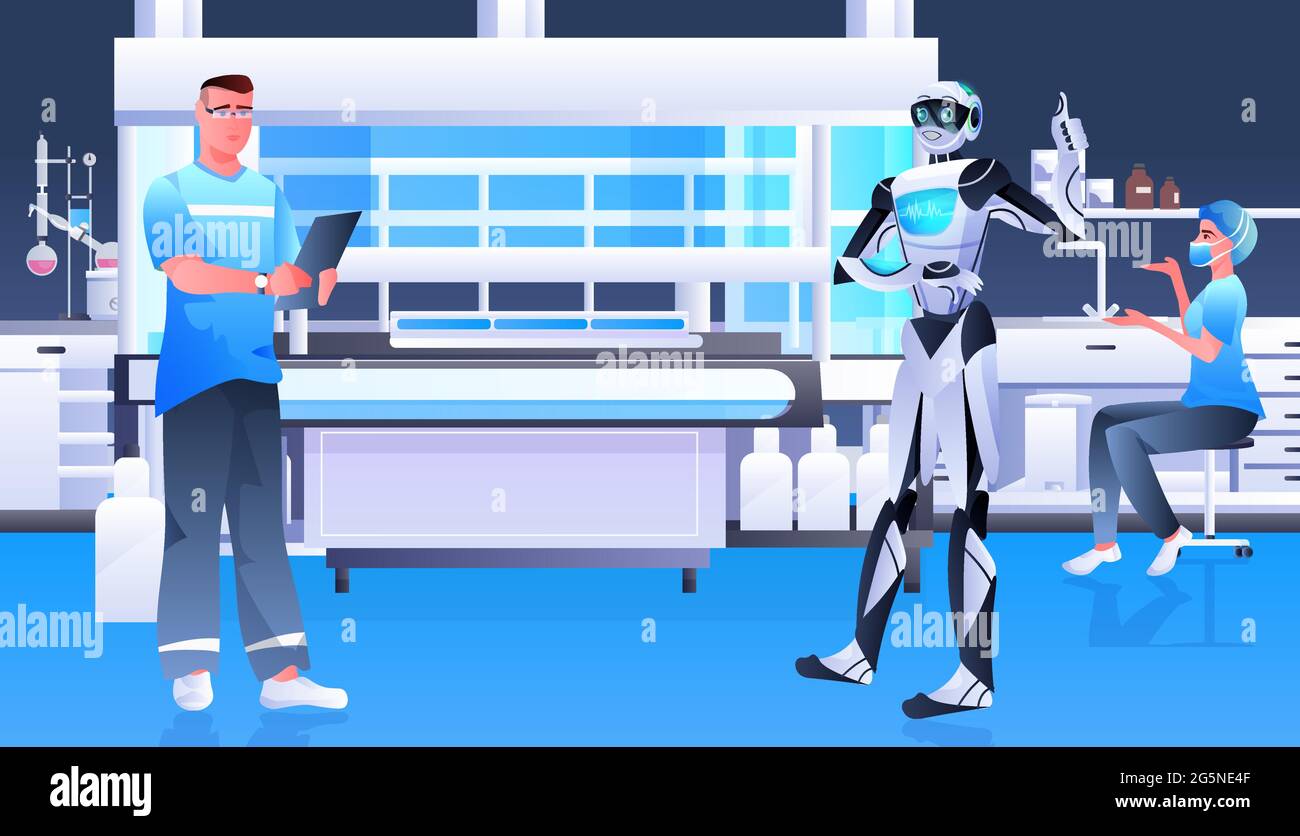 surgeon with robot assistant analyzing x-ray in clinic surgery room ...