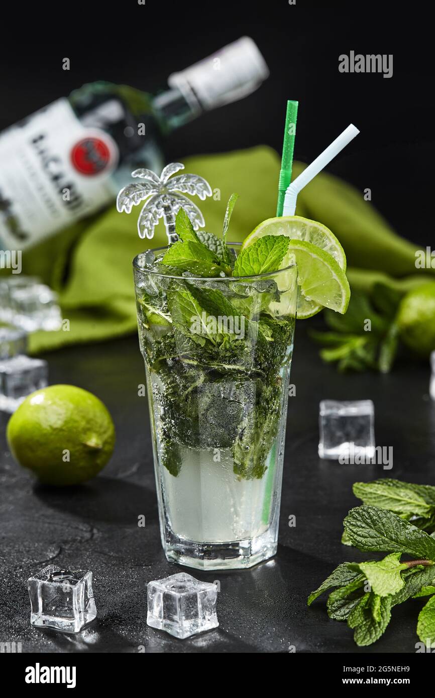 Mojito cocktail with white rum, sugar syrup, lime, soda water and mint ...